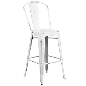 EMMA + OLIVER Commercial Grade 30" H Distressed White Metal Indoor-Outdoor Barstool w/Back