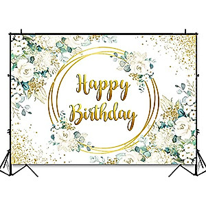Avezano Greenery Happy Birthday Backdrop for Girl Women Green and Gold Eucalyptus Green Leaves White Rose Flower Birthday Party Decorations Background Photoshoot Photobooth (7x5ft)