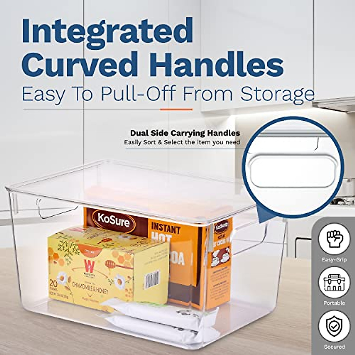 Homeries Pantry Organization And Storage bins With Lids, for Refrigerator, Freezer, Bedroom & Bathroom Shelves - 11.37"x8"x6.25" Large Stackable Clear Plastic Storage Bins for Kitchen Items,