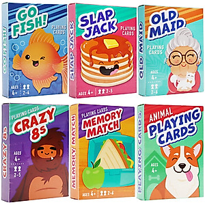 LotFancy Card Games for Kids, 6 Decks, Go Fish, Old Maid, Crazy Eights, Memory Match, Slap Jack, Animal Playing Cards, Easter Basket Stuffers, Stocking Stuffers