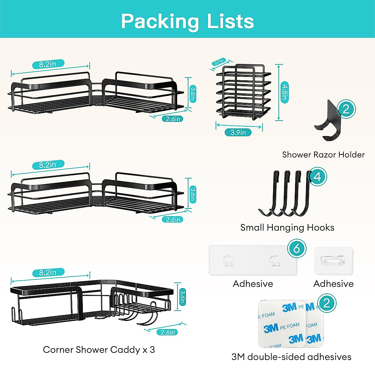 WishJazz Corner Shower Caddy, 6-Pack Adhesive Shower Organizer with Toothbrush Holder, Rustproof Stainless Steel Shower Shelf for Bathroom Storage&Home Decor&Kitchen, Shower Rack for Inside Shower