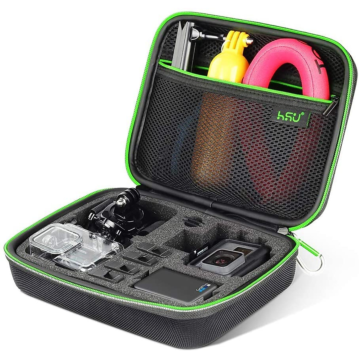 HSU Protective Carrying Case Compatible with Go Pro Hero 11, 10, 9, 8, 7, 6, 5, 4, 3 and Accessories, Light and Medium Security Bag,Compact and Safe Action Camera Travel Storage