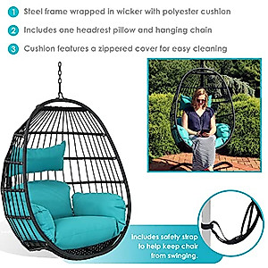 Sunnydaze Dalia Black Steel and Polyethylene Wicker Hanging Egg Chair with Teal Polyester Seat Cushions - Bohemian Single Lounge Chair - Collapsible Nylon Rope Back - 45-Inch Tall