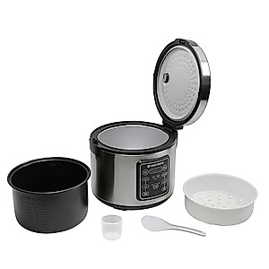 West Bend Rice & Grain Multi Cooker Programmable with 9 Preset Functions, Features Delay Start and Keep Warm Functions and Steam Basket, 20 Cups Cooked, Stainless Steel