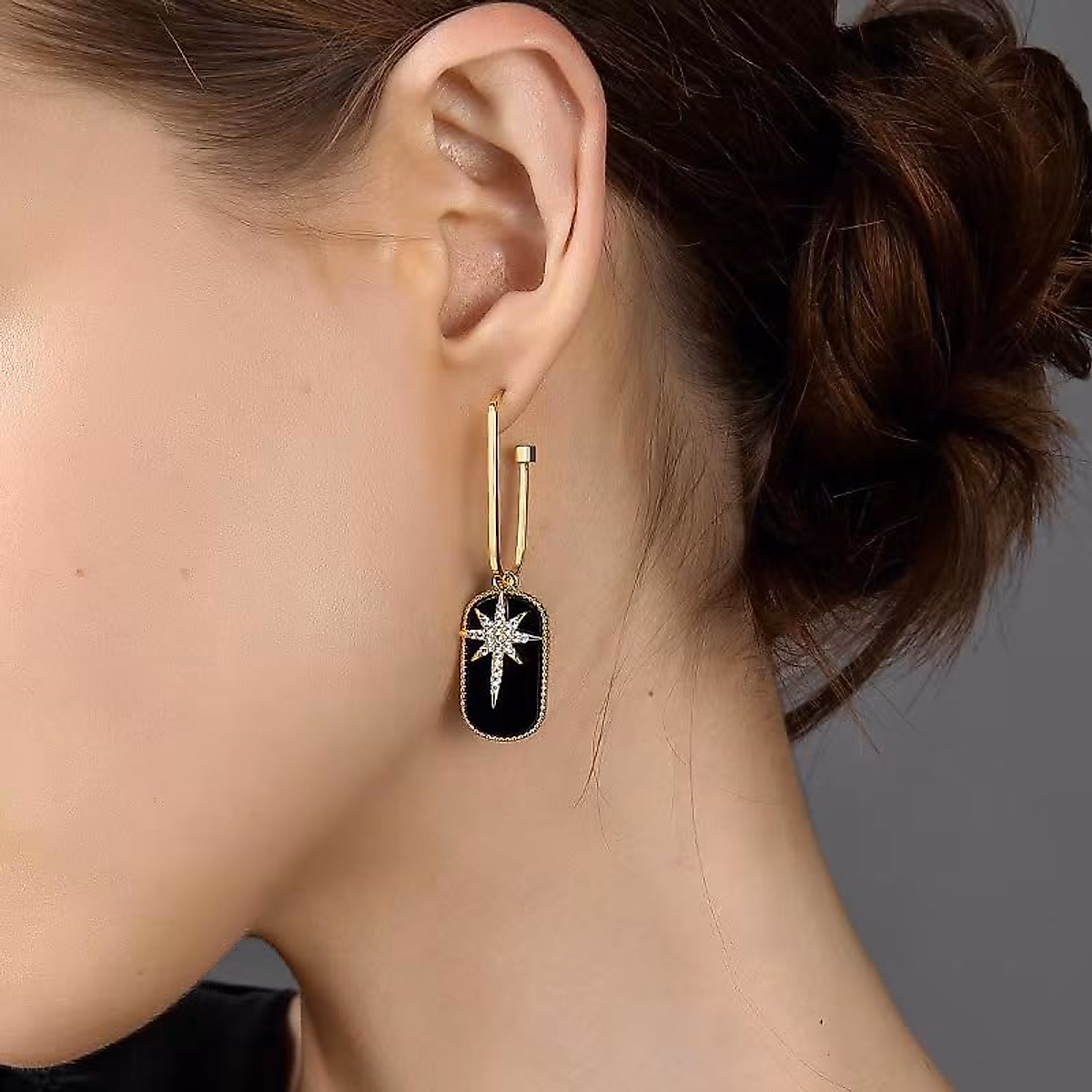 GLPAHA Star Black Dangle Earrings for women Sterling Silver Unique design Multiple wearing styles (black gold)