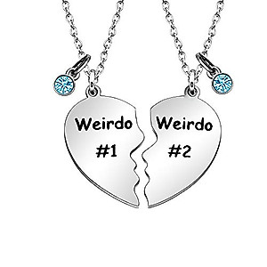 Maxforever Friendship Gift, Weirdo 1 Weirdo 2 Split Heart Stainless Steel Pendant Necklaces BFF Gift for Best Friend (Blue Crystal)
