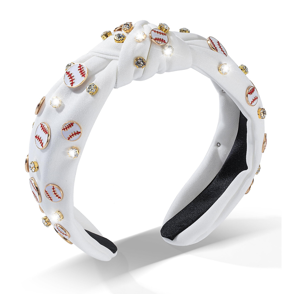 Mixcbe White Sparkle Crystal Baseball Charm Embellished Wide Knotted Headband for Women, Game Day Top Knot Hairband, Baseball Mom Accessories Gift for Sports Fans(1 Count)