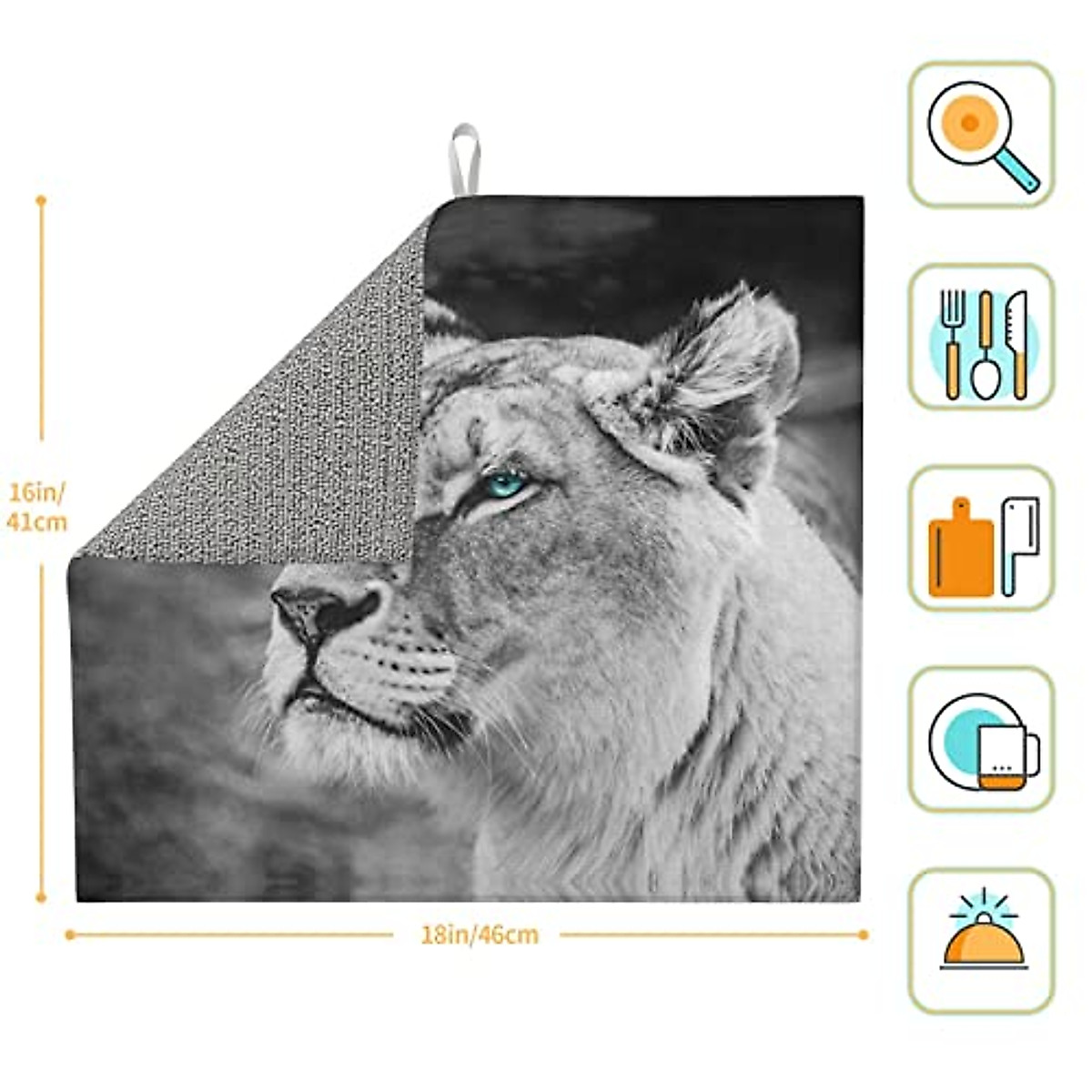 Lioness with Blue Green Eyes Printed Drying Mat For Kitchen Ultra Absorbent Microfiber Dishes Drainer Mats Non-Slip Silicone Quick Dry Pad - 18 X 16inch