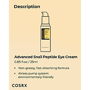COSRX Advanced Snail Peptide Eye Cream with 73.7% Snail Mucin + 2% Niacinamide, 0.85 fl.oz / 25ml | Brightening Night Cream for Fine Lines & Dark Circles, Korean Skin Care, Not Tested on Animals