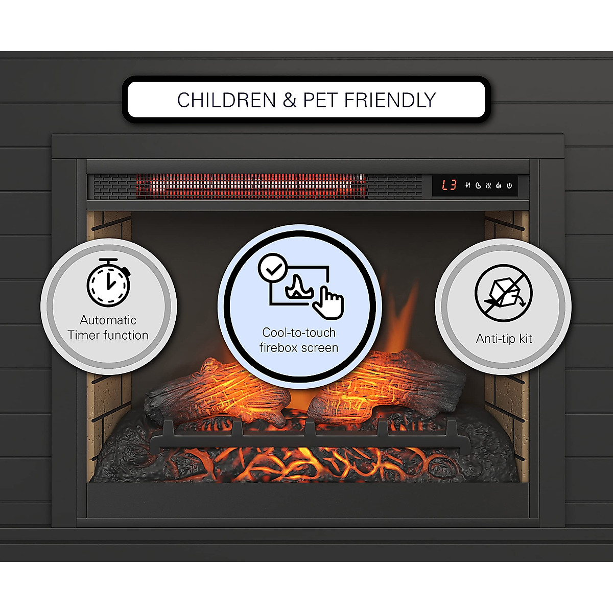 Bridgevine Home Washington Modern Farmhouse Electric Fireplace with Mantel, 48 inches, Poplar and Knotty Alder Solid Wood, Black and Whiskey Finish