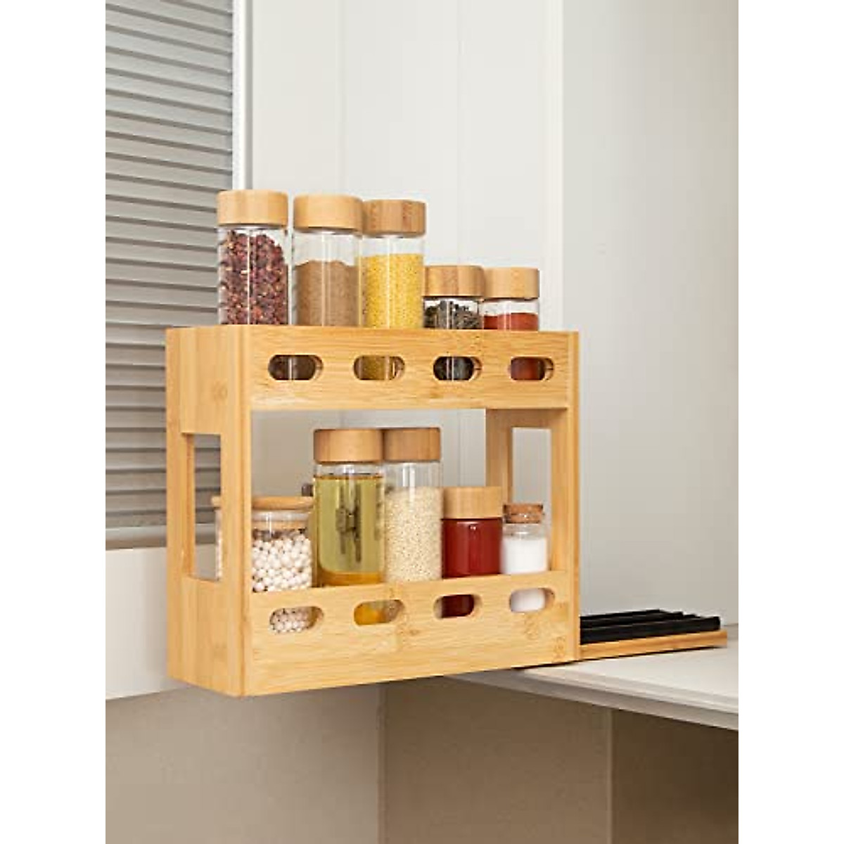 Vinknde Pull Out Spice Rack Organizer for Cabinet,Bamboo Spice Rack Soice Rack 2 Tiers,Slide Out Vertical Seasoning Spice Organizer for Cabinet,Pantry,Kitchen