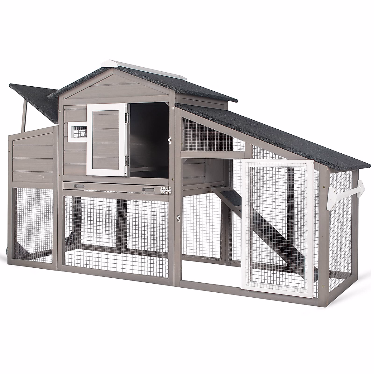 PetsCosset Chicken Coop Wooden Backyard Hen House - Indoor Outdoor for 2-3 Chickens, 2 Story Poultry Cage with Run, Chicken Nesting Box, Pull Out Trays and Anti-Slip Asphalt Ramp