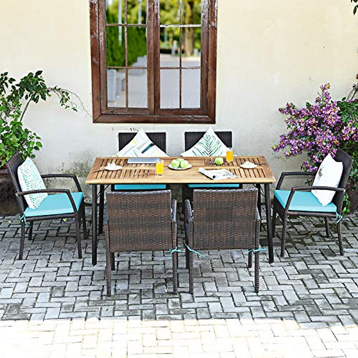 Tangkula 7 Pieces Patio Dining Set, Acacia Wood Wicker Dining Furniture Set with Steel Frame & Umbrella Hole, Outdoor Dining Table Chair Set with Removable Cushions for Backyard, Garden (Turquoise)