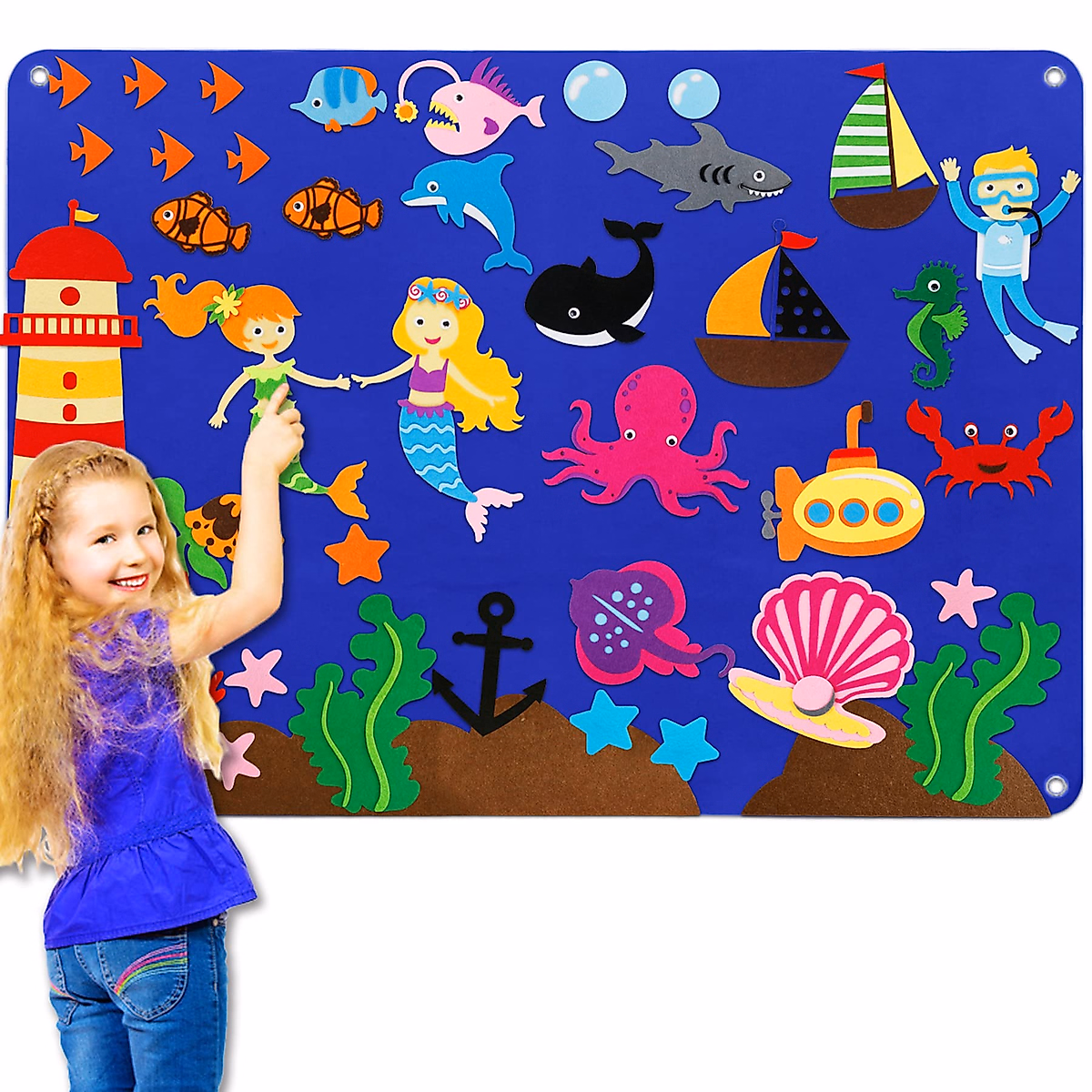 Craftstory 41 Pcs Ocean Animals Felt Board for Toddlers 3.5 Ft Under The Sea Flannel Stories Marine Figures Shark Octopus Mermaid Crafts Teaching Aid Wall Activity Interactive Play Kits