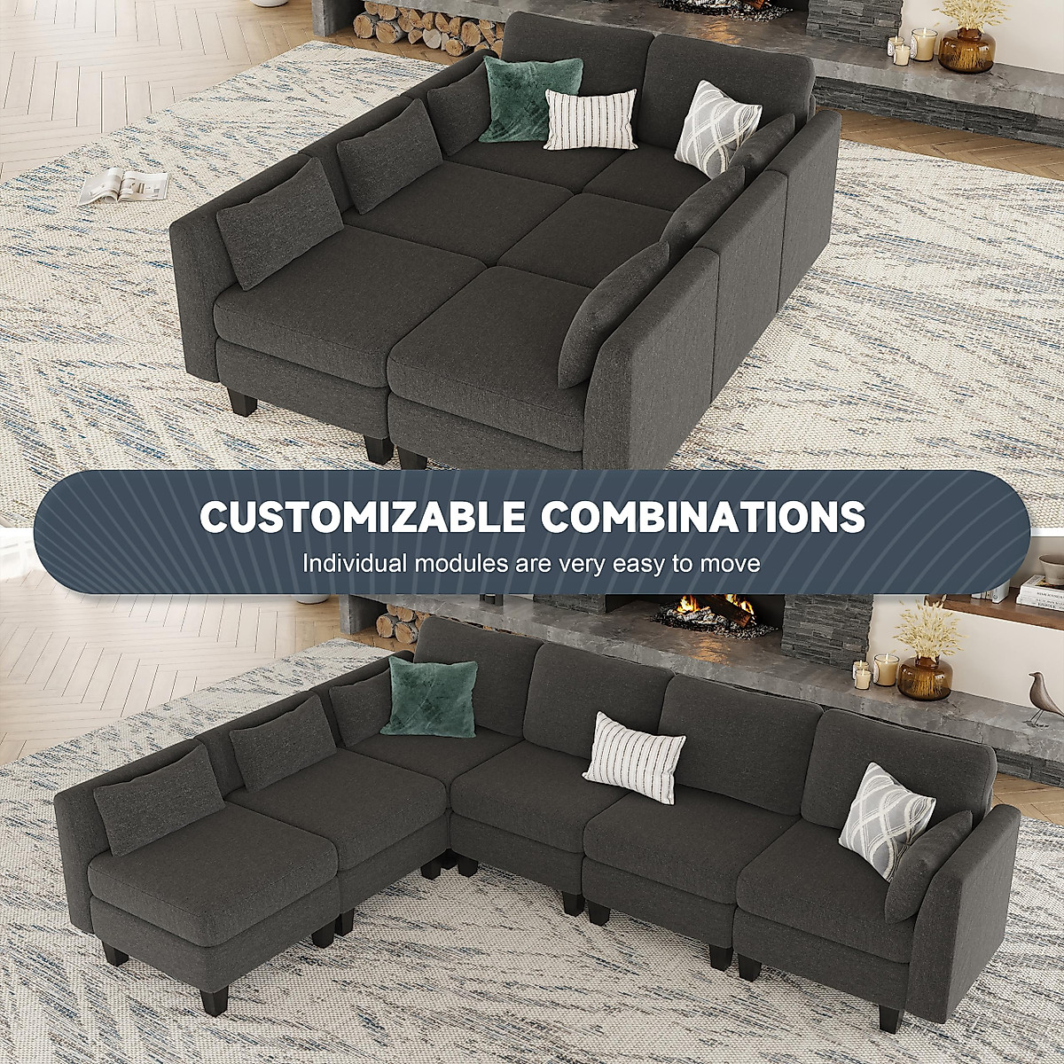 Modular Sectional Sofa, Convertible U Shaped Sofa Couch with High Density Memory Foam, 6 Seat Comfy Modular Sofa Couch for Living Room, Modern U Shaped Sectional Sofa (Darkgray)