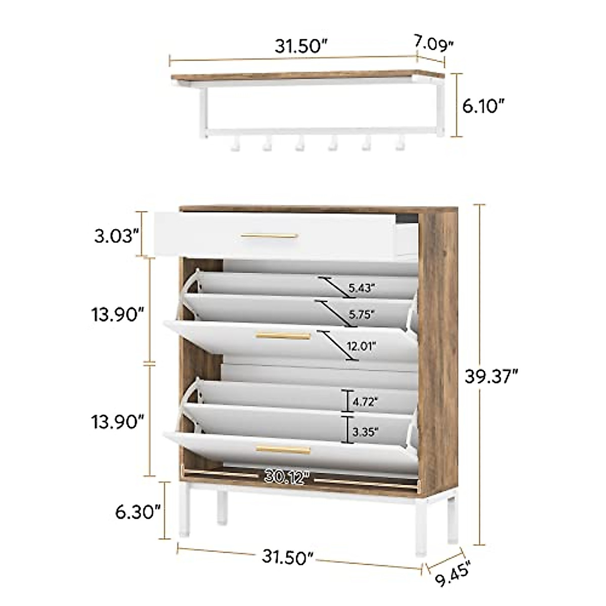 Tribesigns Shoe Cabinet 16 Pairs, Modern Slim 3 Flip Drawers Shoes Rack Storage Organizer with Coat Shelf, White Sneaker Holder Stand with Doors Thin Tipping Shoe Storage Cabinet for Entryway, Hallway