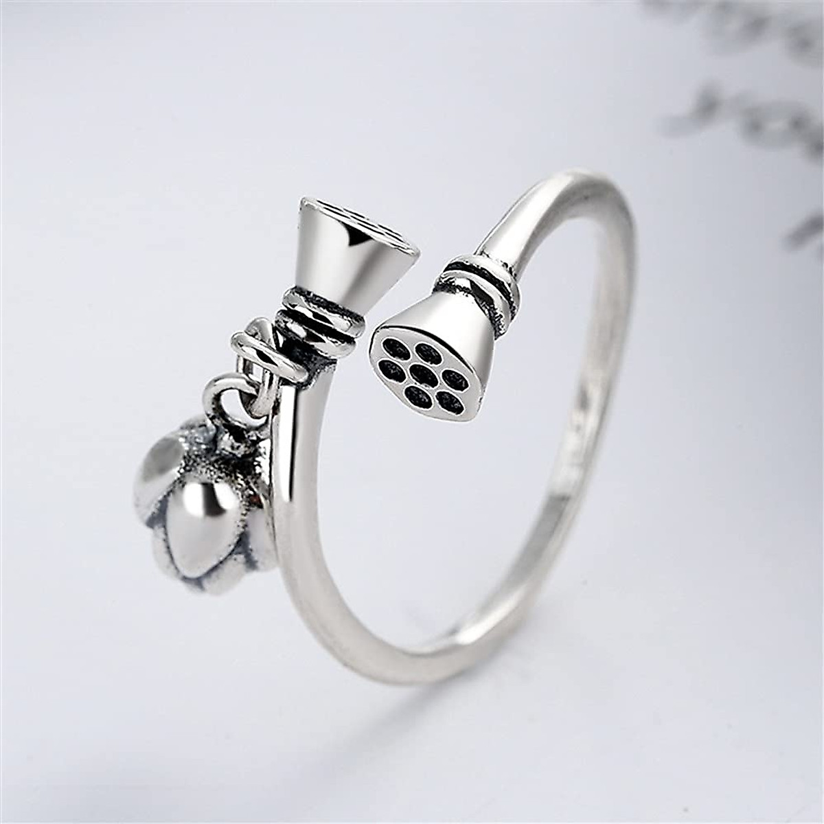 NewZenro Vintage Lotus Flowers Adjustable Open Rings for Women Dainty Lotus Root Sterling Silver Statement Engagement Promise Thin Band Rings Fashion Expandable Knuckle Finger Rings for Wife Daughter