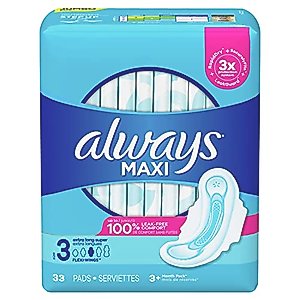 Always Maxi Size 3 Feminine Pads with Wings, Extra Long Super Absorbency, Unscented, 33 Count
