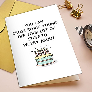 Qiliji Funny Getting Older Birthday Card for Men Women, Humorous Happy Birthday Card for Him Her, Old Age Bday Greeting Card, Cross off Dying Young