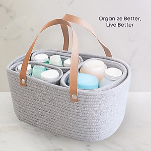 Oliver & Emilia Storage Basket – Portable Small Decorative Woven Cotton Rope Organizer - Leather Handle & Three Removable Bins for Toy, Baby Gift, Laundry, Living Room, Nursery, Towel, Blanket - Grey