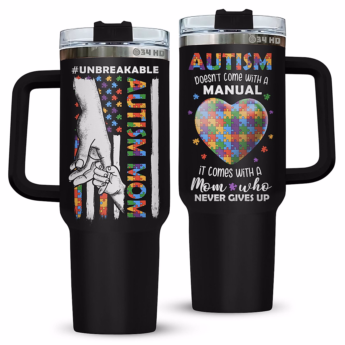 34HD Mothers Day Gifts for Mom Teacher, Autism Mom Tumbler with Lid and Straw 40oz Stainless Steel, Autistic Kids Parent Coffee Mug, Autism Awareness Gifts for Women