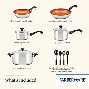 Farberware Classic Traditions Stainless Steel Cookware Induction Pots and Pans Set with Prestige Cooking Utensils, 12 Piece - Stainless Steel