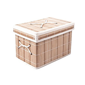 BEMIAO Foldable Bamboo Storage Organizer with Lid, Premium Fabric Wicker Bin, Storage Bin, Natural Basket for Closet, Nursery, Bedroom, Living Room, Light Brown