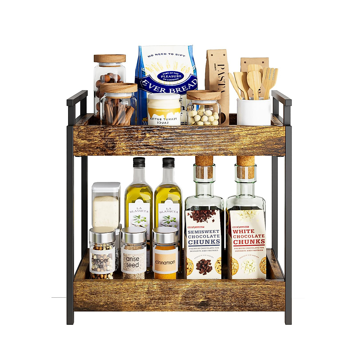 KLM Countertop Coffee Station Organizer, 2 Tier Wooden Shelf for Coffee Bar Accessories, Condiment Storage Caddy for Kitchen, Bathroom Counter Organizer, Home, Office - Brown