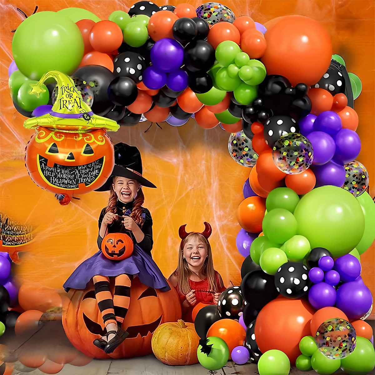 Halloween Balloon Arch Garland Kit,Halloween Balloons with Black Orange Green Purple Confetti Balloon Arch Kit with Pumpkin Balloons for Halloween Party Decoration……