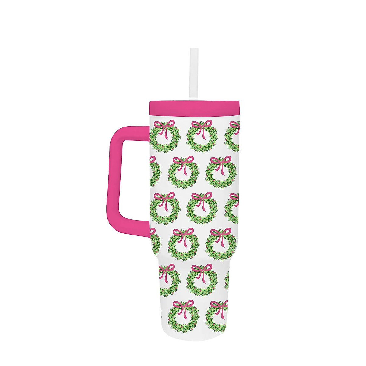 Mary Square 46972 Good Tidings Green Wreath Red Ribbon Christmas 30 ounce Stainless Steel Travel Coffee Water Tumbler with Straw and Handle