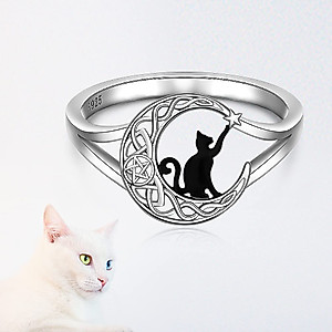 Celtic Knot Cat Ring Thumb Black Matching Cat Sterling Silver Rings for Women Animal Pentagram Pentacle Halloween Cats Lover Gifts Size 10
