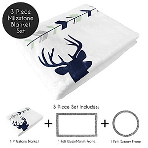 Sweet Jojo Designs Woodland Deer Boy Milestone Blanket Monthly Newborn First Year Growth Mat Baby Shower Memory Keepsake Gift Picture - Navy Blue, Mint and Grey Woodsy Forest Arrow Be Brave