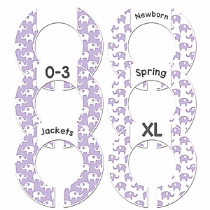 6 Baby Girl Nursery Clothing Closet Size Organizer Dividers Elephant Fits 1.5" Rod (Lavender)