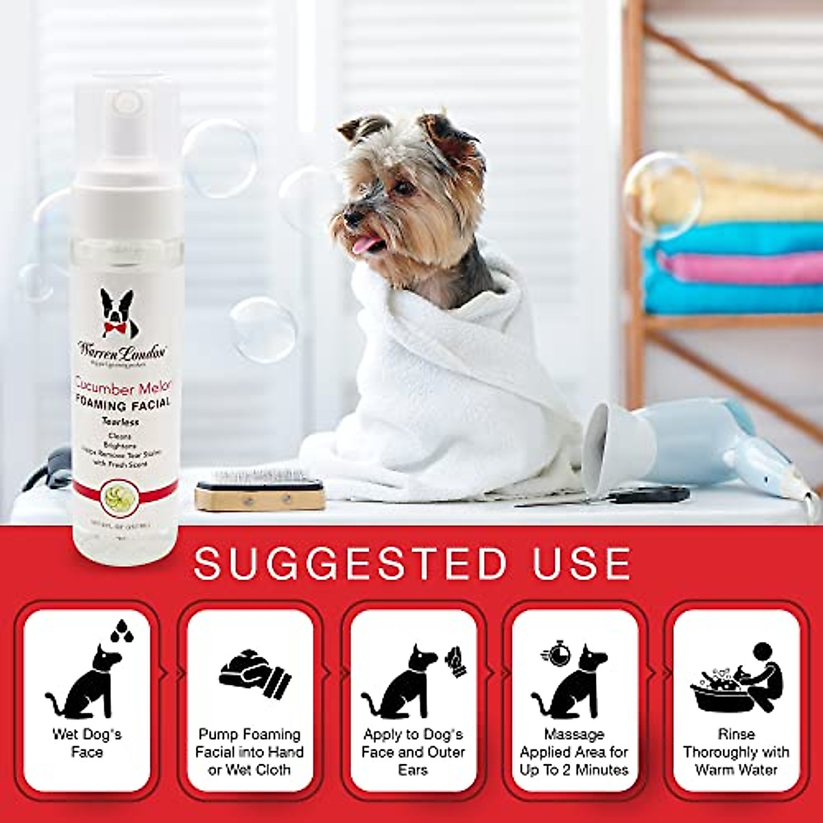 Warren London Foaming Pet Facial | Tear Free Dog Face Wash | Tearless Dog Shampoo for Faces & Dog Eye Stain Remover | Refreshing Cucumber Melon Wash | Made in USA | 8oz