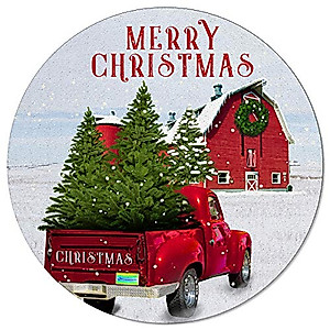 Round Area Rugs 4ft, Red Retro Truck and Christmas Tree Indoor Throw Runner Circle Rug Entryway Doormat Floor Carpet Pad Yoga Mat for Bedroom Living Room Farm Wood Barn