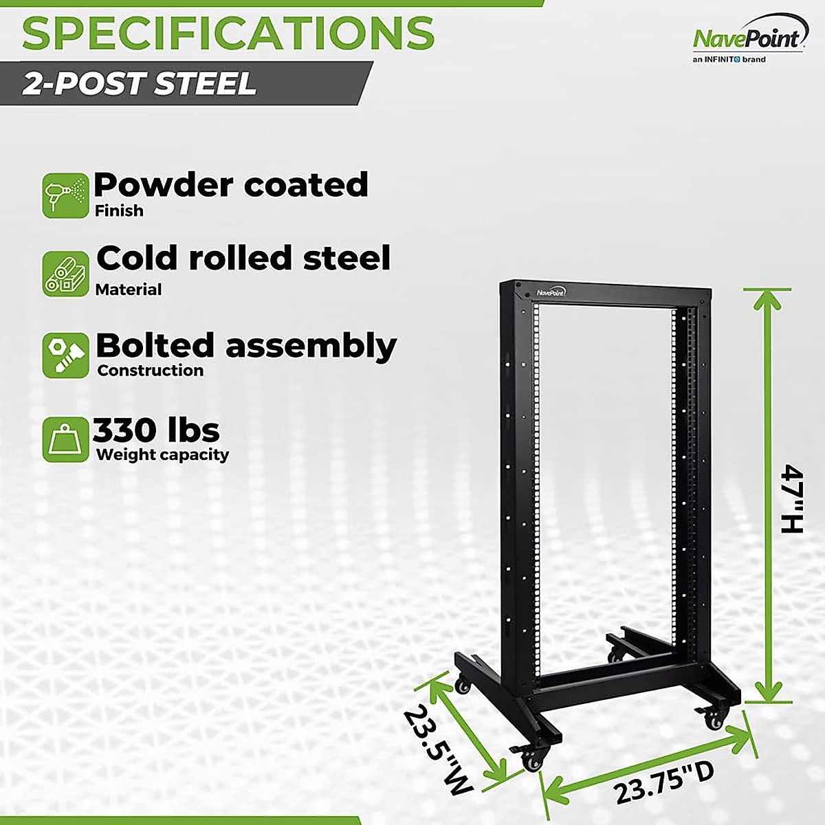 NavePoint 22U 2 Post Open Frame Server Rack with Casters for 19 Inch Equipment, Networking, and IT Devices, 2-Post Rack 330lbs Weight Capacity, Black