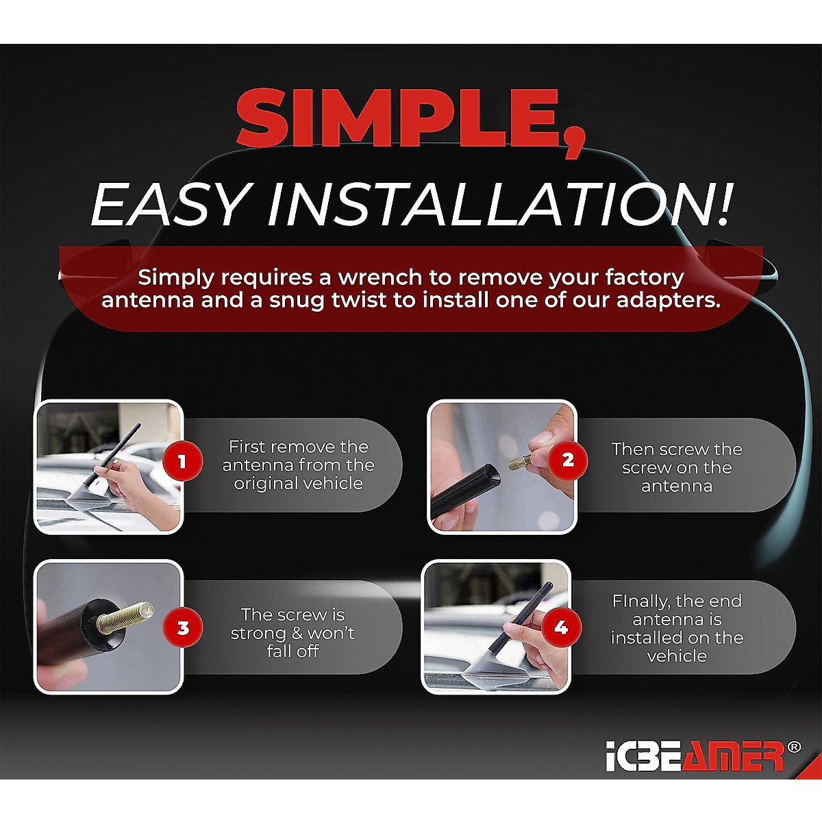 ICBEAMER 3" 76 mm Carbon Fiber Polished Finish & Red Aluminum Short Automotive Antenna with Internal Copper Coil Universal Fit AM/FM Radio Antenna Replacement Compatible for Car, Truck and Van