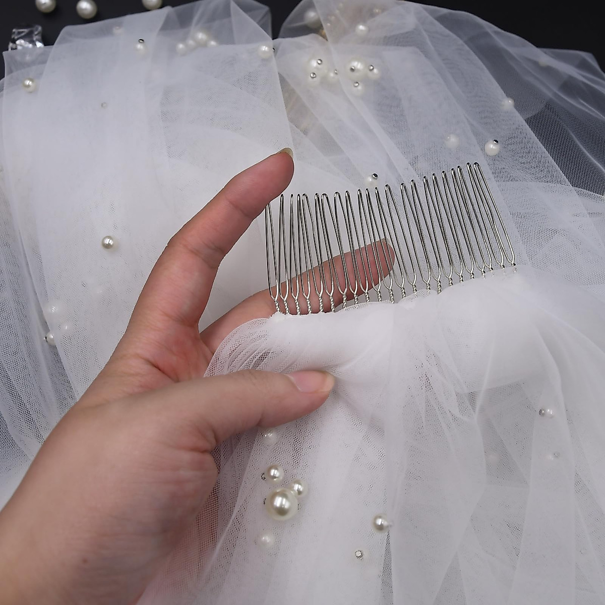 Mopmap 1 Tier Bridal Wedding Veil Pearl Chapel Length Tulle Hair Accessories with Comb (off white 78.7 * 62.9inches)