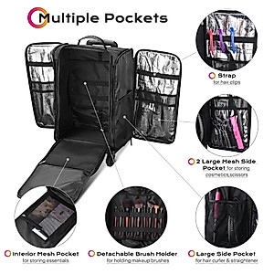 BYOOTIQUE Rolling Makeup Train Case Soft Sided Makeup Storage Cosmetic Organizer Carry on Travel Trolley Suitcase with Heat Isolation Side Pocket 6 Removable Bag for Makeup Artist Hairstylist, Black