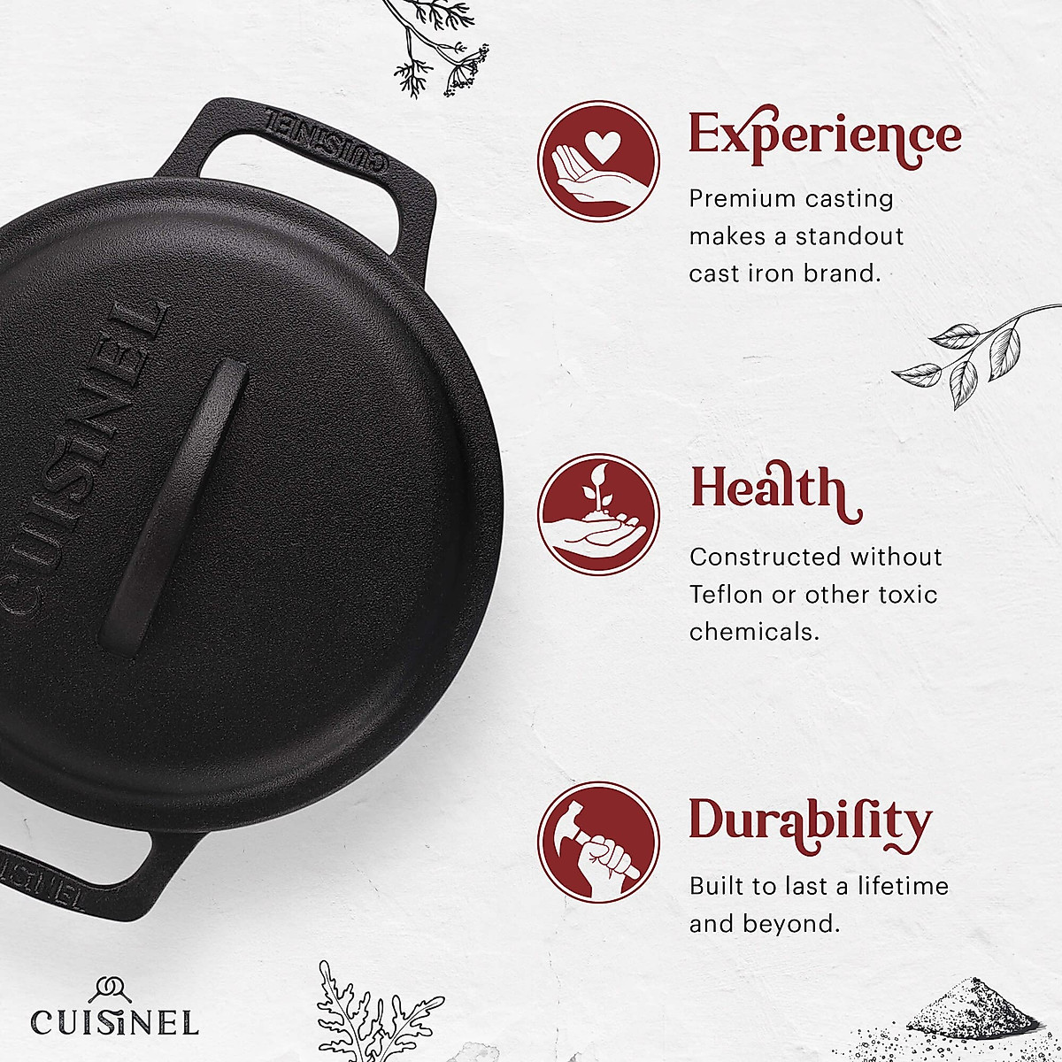 Cuisinel Cast Iron Dutch Oven - 3-Quart Deep Pot + Lid + Pan Scraper + Handle Covers - Large Pre-Seasoned Cooker for Baking Bread, Soup, Frying - Indoor/Outdoor Kitchen, Camping, Fire, BBQ Cookware