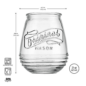 Glaver's Stemless Wine Glasses 21 Oz. Set Of 4 Original Mason Vintage Goblet Beverage Glasses Uses For Your Cocktail Lounge, Whiskey Parties, and Everyday Dinner Table. Dishwasher Safe.