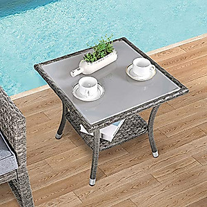 Verano Garden Outdoor Side Table, 20" Square Wicker End Table, Tempered Glass Top Coffee Table with Storage, Aluminum Frame-Gray