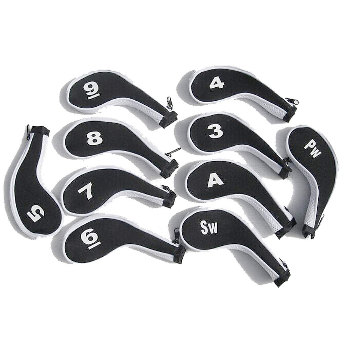 DBYAN 10pcs Number Print Long Sleeve Golf Club Iron Covers Head Covers Set with Zipper for Irons Taylormade Ping Callaway Mizuno Cobra,Black & White