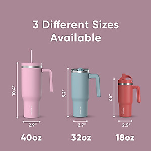 Hydrapeak Voyager 40 Oz Stainless Steel Tumbler with Handle, Insulated Water Bottle With Straw & Lid, Cupholder Friendly Reusable Travel Mug (Cotton Pink)