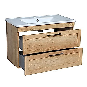 Modern Wall-Mounted Bathroom Vanity with Washbasin | Palm Beach Teak Natural Collection with Side Vanity Cabinet | Non-Toxic Fire-Resistant MDF-64 (12+40+12)-Omega Collection 32"