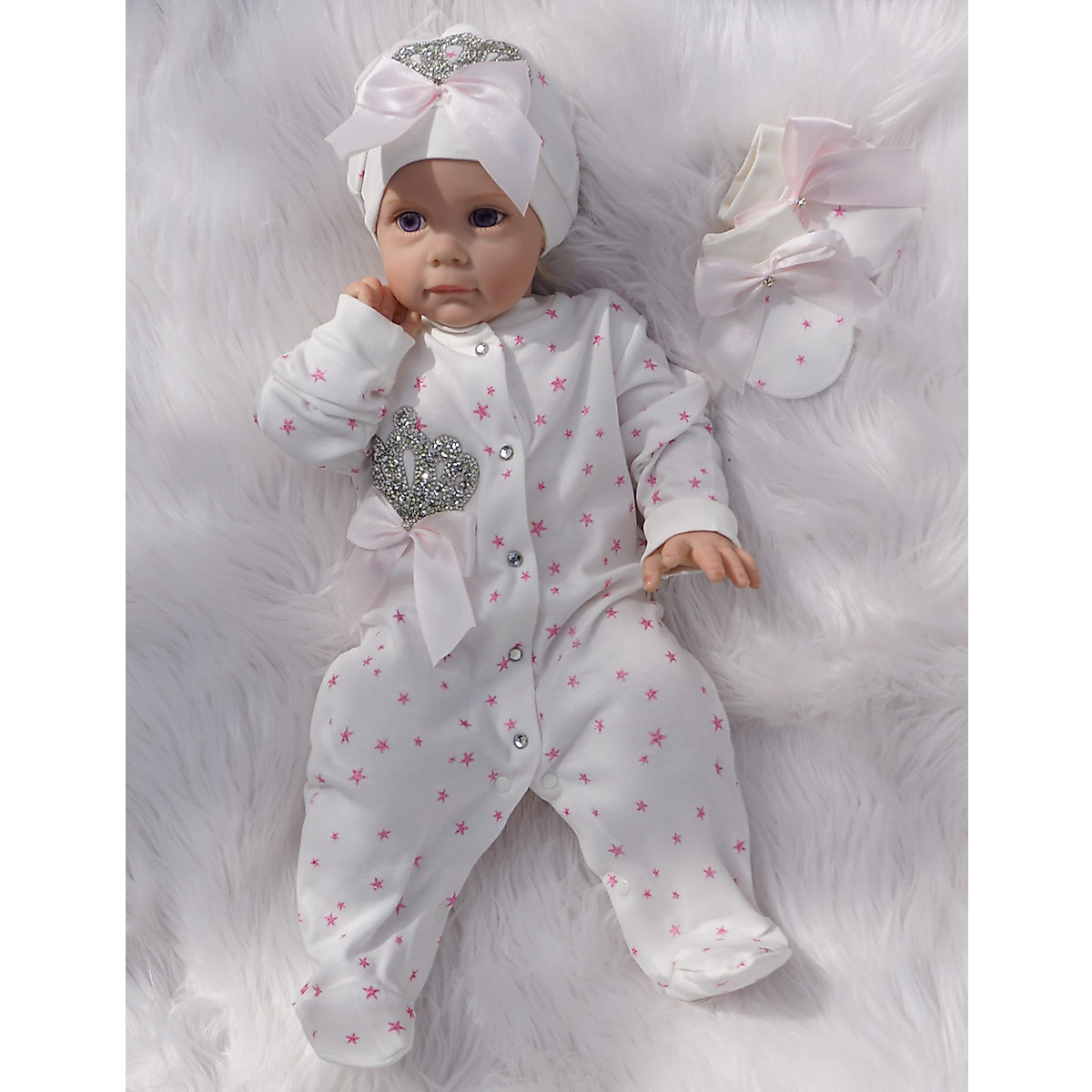 LAL & LUNA Baby 3 Pc Crown Jewel Cotton Outfit, Footie with Hat and Mittens (09-White -Pink Star (Girl), 0-3 Months)