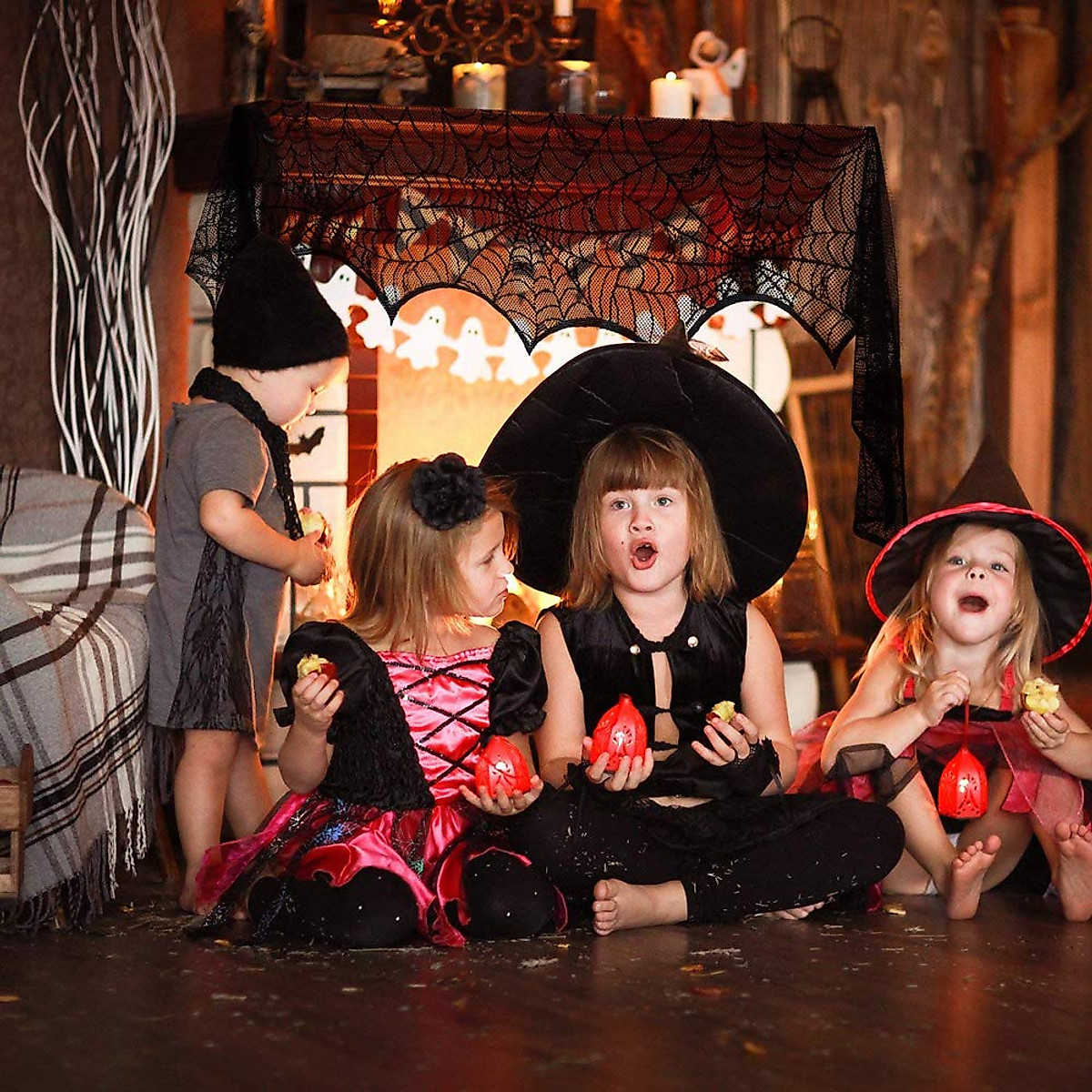 Halloween Decoration Black Lace Spiderweb Fireplace Mantle Scarf Cover Festive Party Supplies Set for Fireplace Window Door Frame Decoration 18 x 96 inch