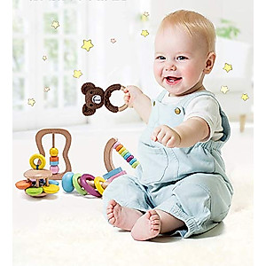 bopoobo Baby Wooden Rattle-5PCS Natural Crochet Bear Organic Montessori Wood Toys Montessori Toys for Babies Wooden Baby Toys Wooden Infant Teething Ring Baby Rattle for 0-6 Months and 6-12 Months