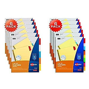 Avery 5-Tab Binder Dividers, Insertable Multicolor Big Tabs, 6 Sets (11109) and Avery 8-Tab Binder Dividers, Insertable Multicolor Big Tabs, 6 Sets (11111)