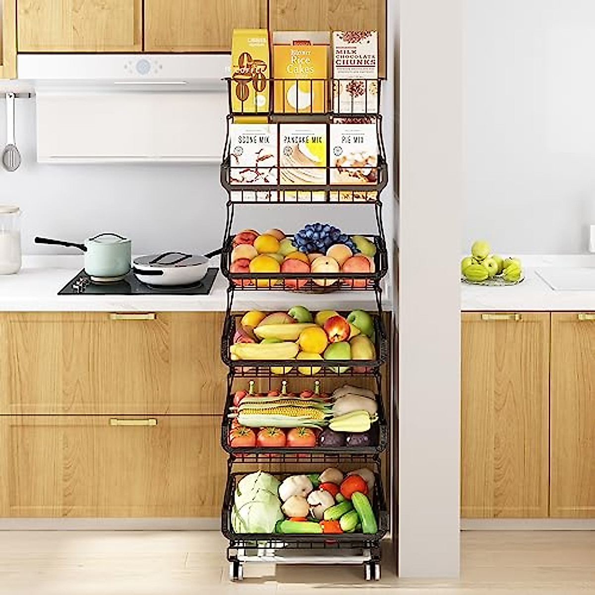 Wisdom Star 6 Tier Fruit Vegetable Basket, Wire Storage Basket Organizer Utility Cart with Wheels, Vegetable Basket Bins for Onions and Potatoes, Fruit Vegetable Storage Cart for Kitchen, Black